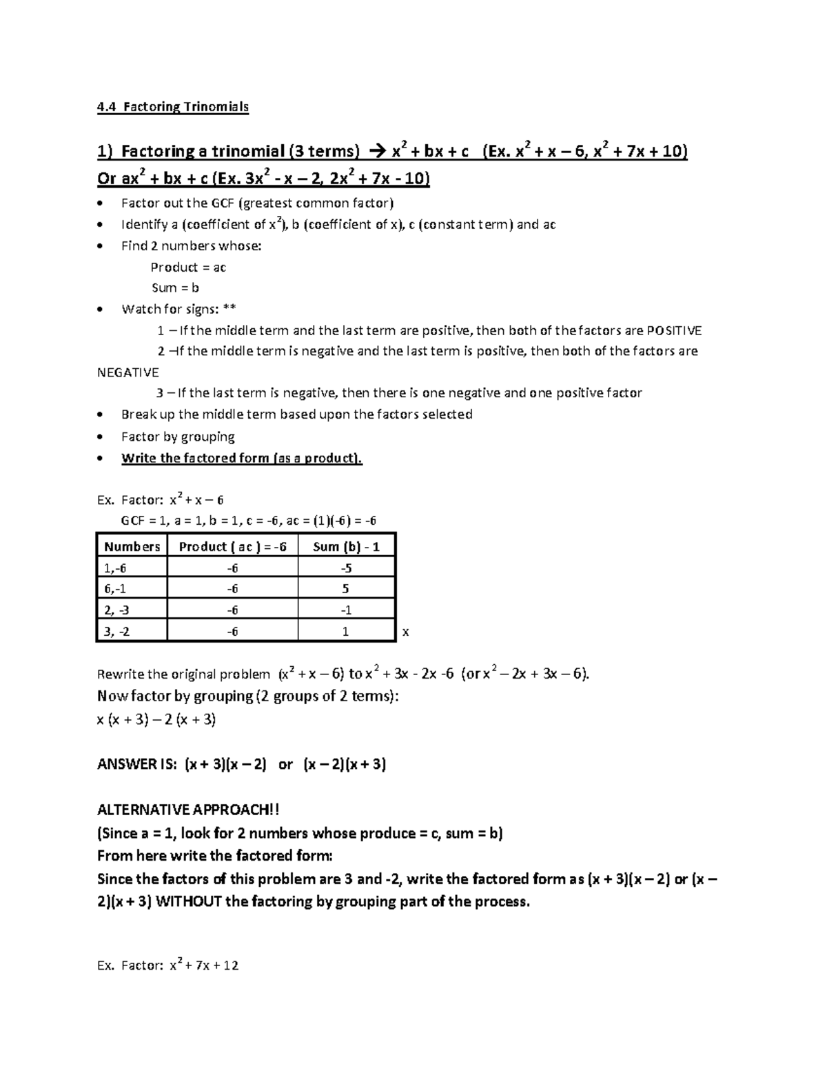 Factoring 4 Factoring Trinomials - 4 Factoring Trinomials 1) Factoring ...