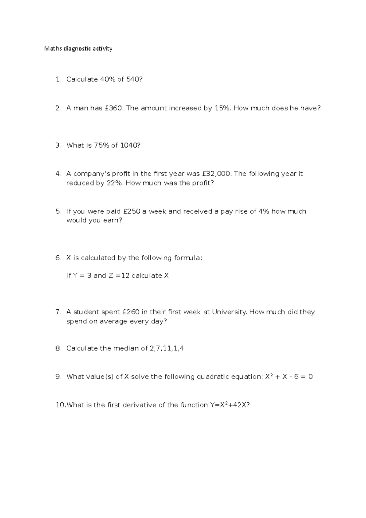 Maths diagnostic activity - Maths diagnostic activity Calculate 40% of ...
