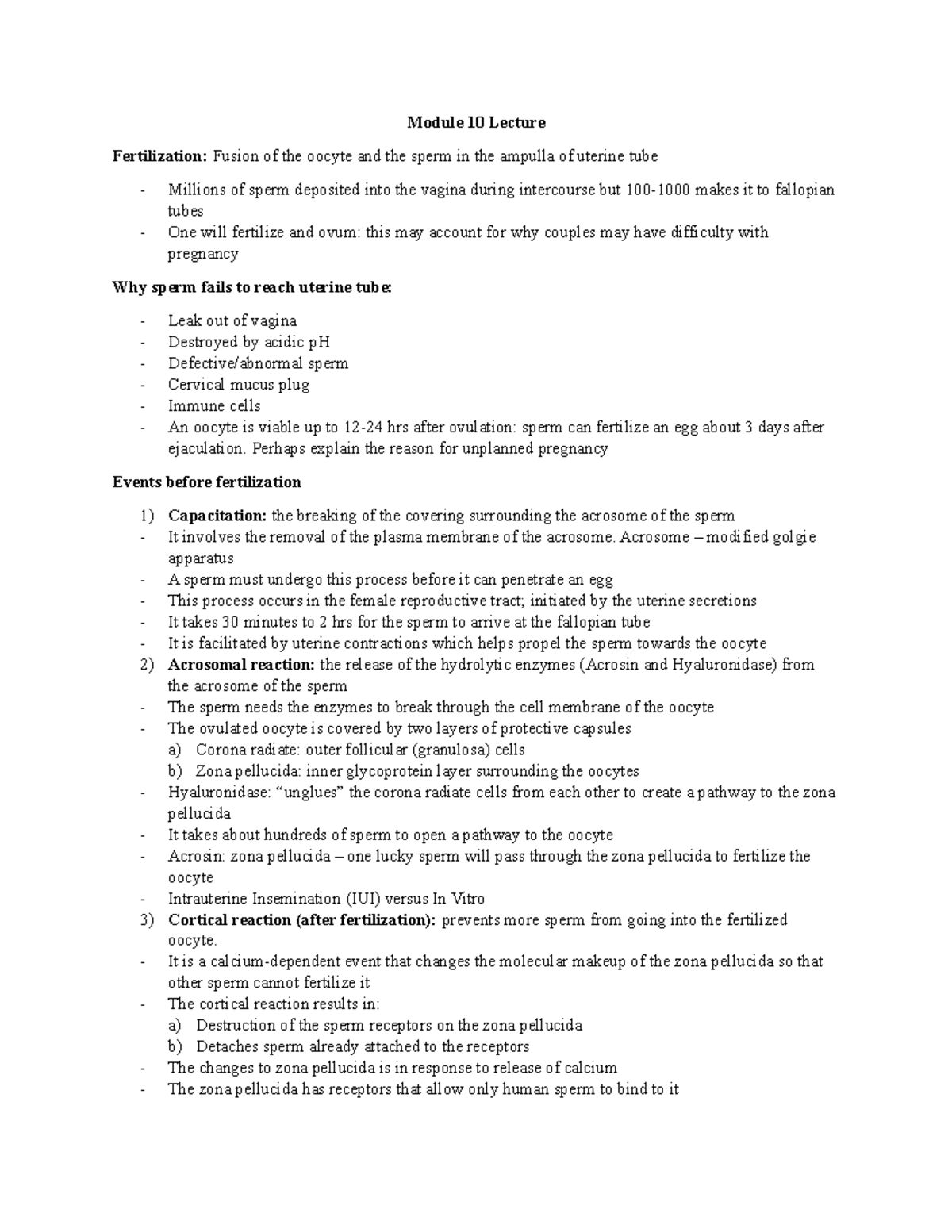 Mod. 10 Lecture - Module 10 Lecture Fertilization: Fusion of the oocyte and the sperm in the ...