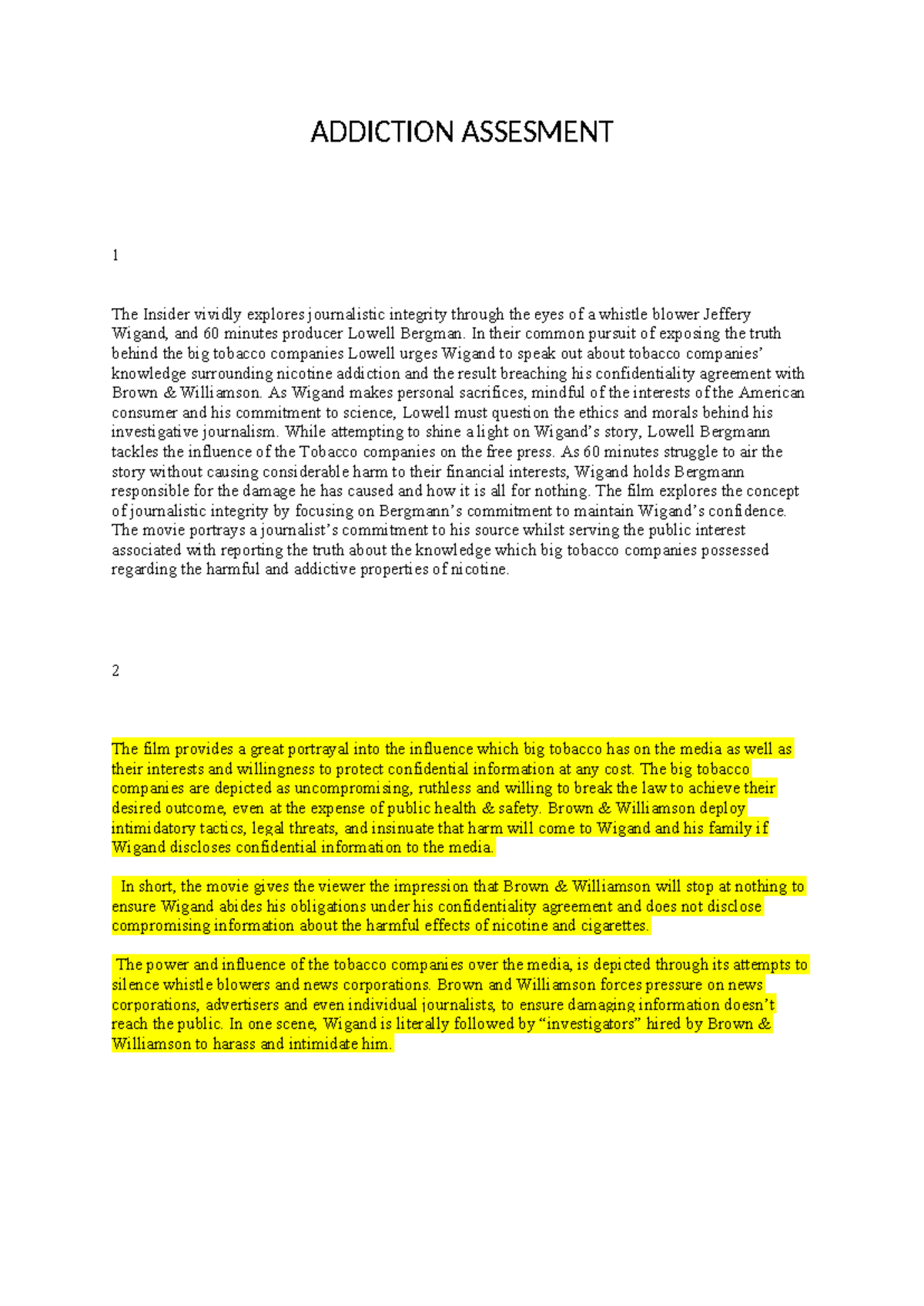 Addiction Assesment - assignment on the effects of vr - ADDICTION ...