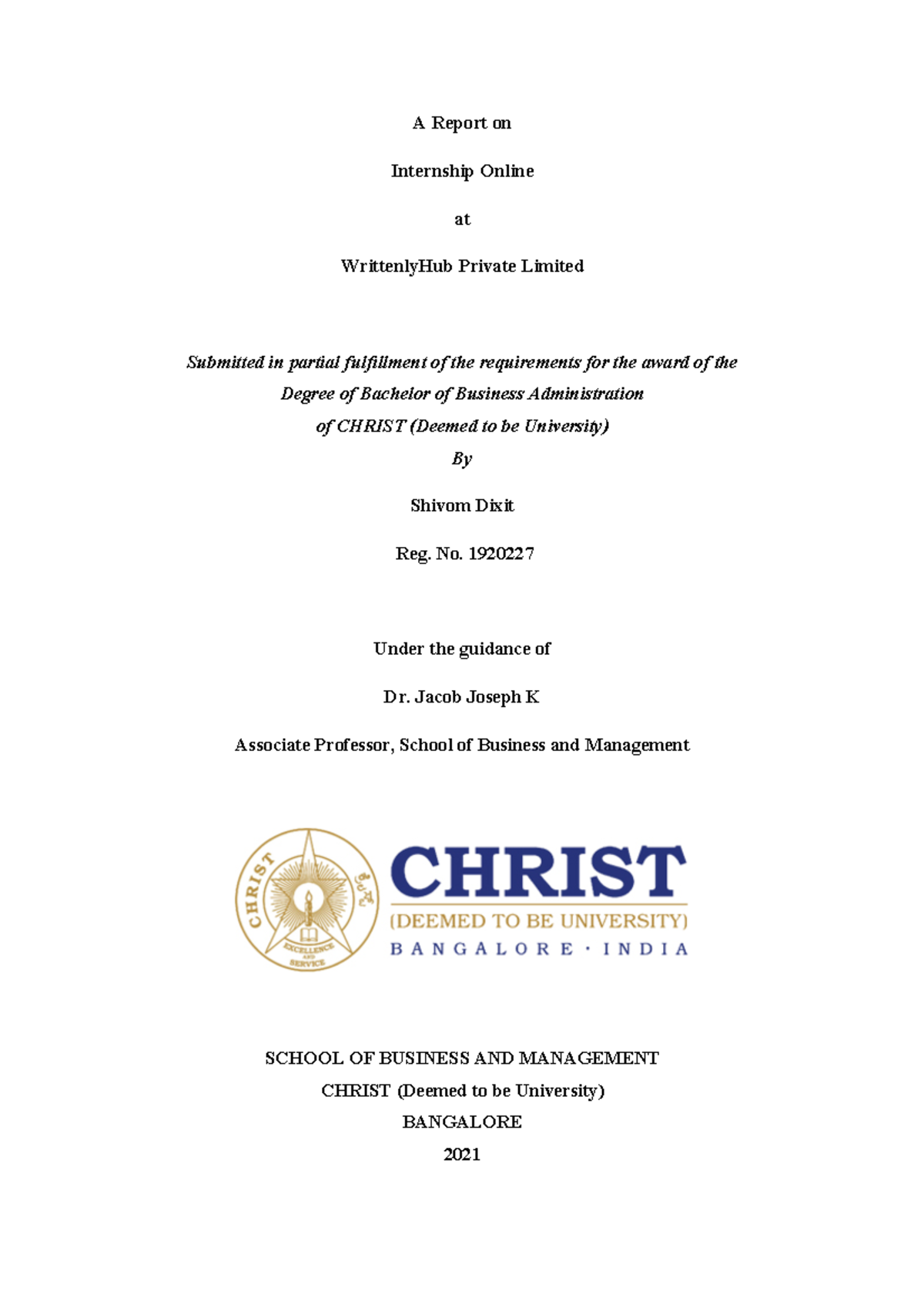 Internship report reference 1920227 - A Report on Internship Online at ...