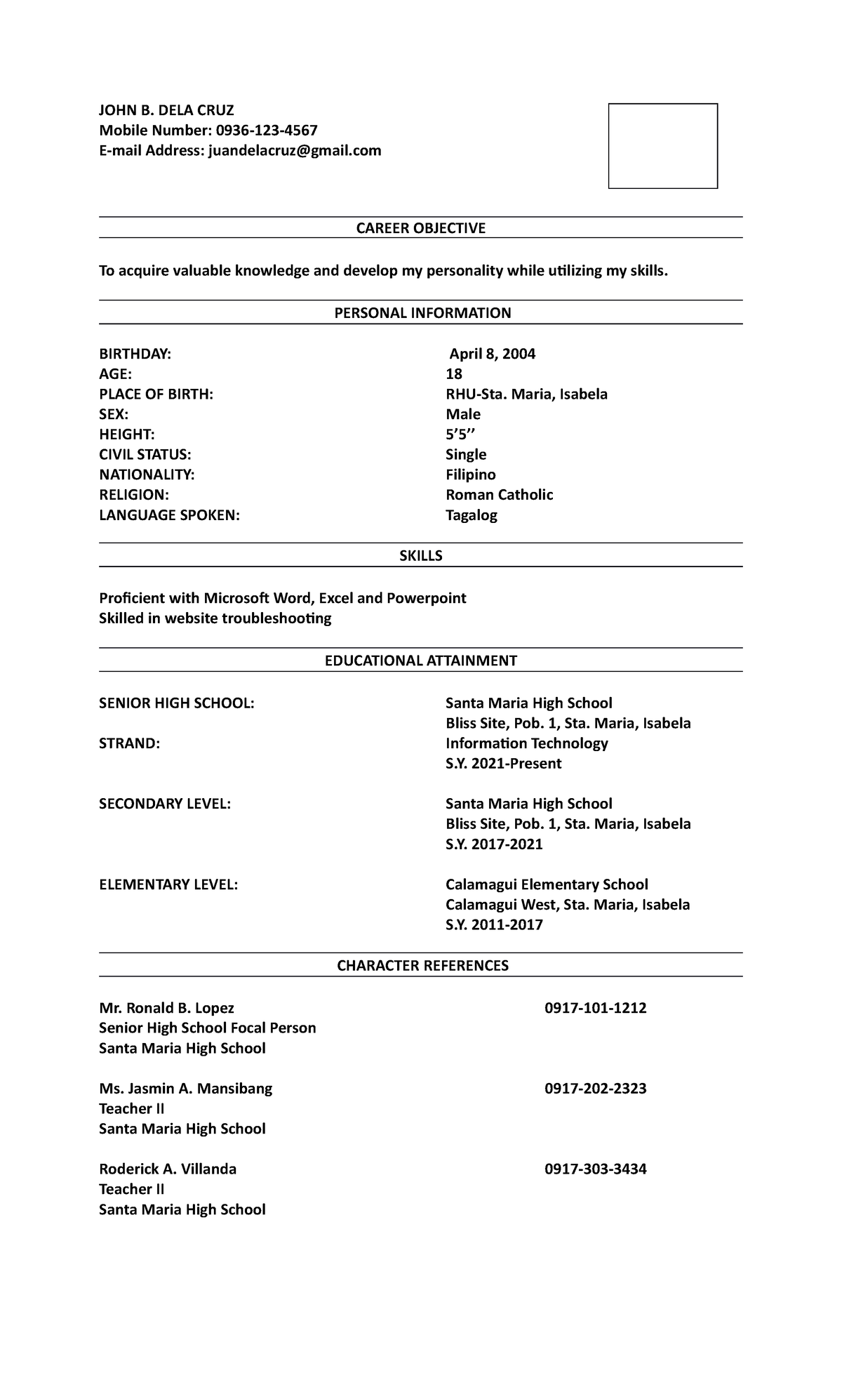Sample-immersion-resume - JOHN B. DELA CRUZ Mobile Number: 0936-123- E ...