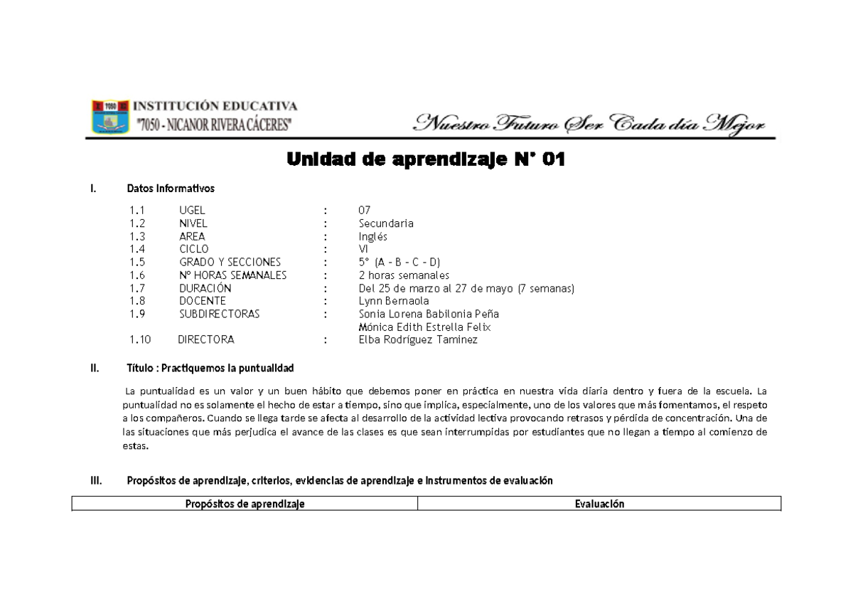 414913526 Unidad de Aprendizaje 5to - Unidad de aprendizaje N° 01 I. Datos informativos 1 UGEL ...
