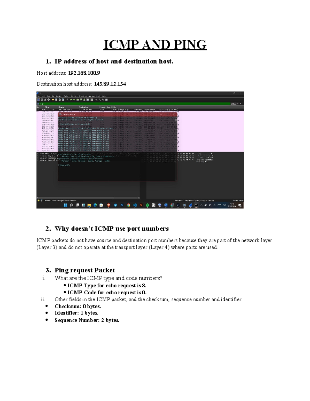 ICMP AND PING and Traceroute - ICMP AND PING 1. IP address of host and ...