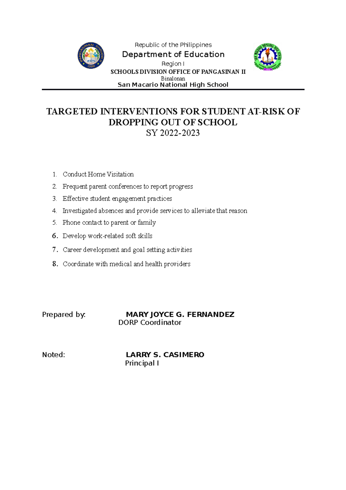 Dorp intervention - Department of Education Region I SCHOOLS DIVISION ...