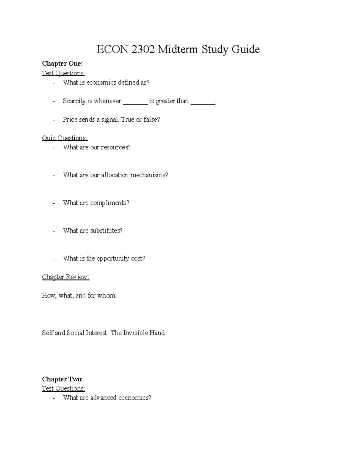 ECON 2302 Midterm Study Guide - Chapter One: ECON 2302 Midterm Study ...