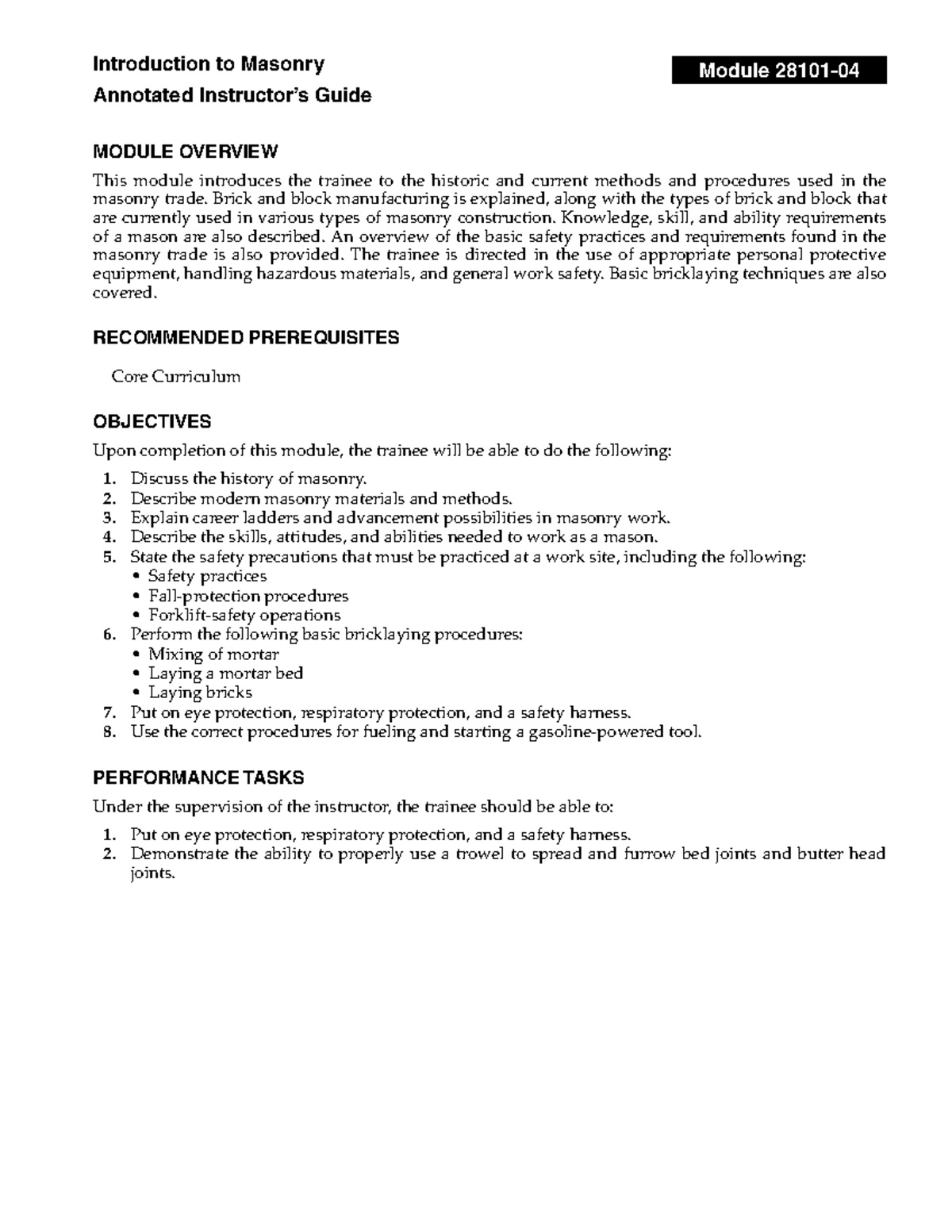 Masonry Level 1 Qualifications - Introduction to Masonry Annotated Instructor’s Guide MODULE ...
