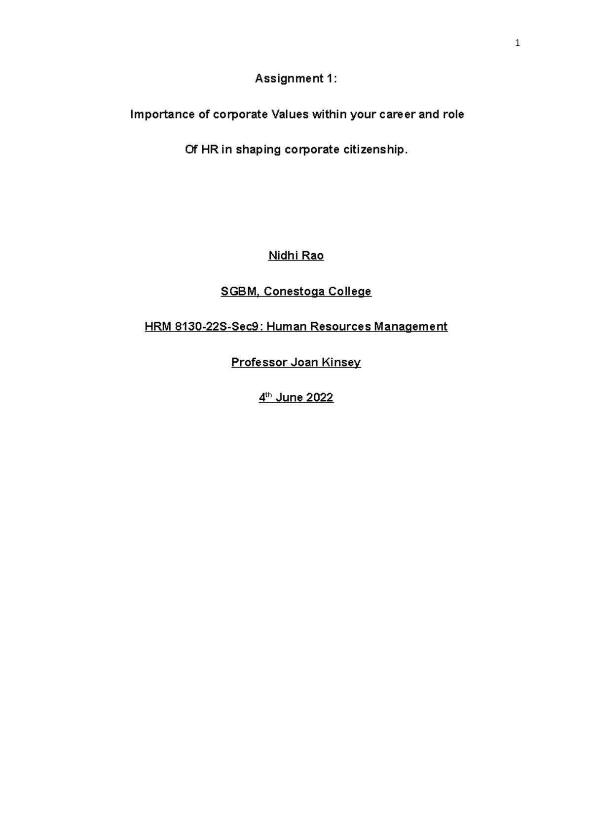 Assignment 1 HRM - Assignment 1: Importance of corporate Values within ...