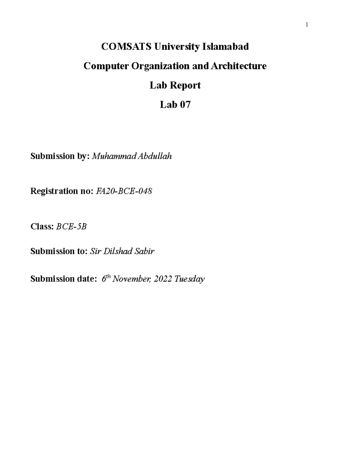 Lab 07 (048) - 1 COMSATS University Islamabad Computer Organization and Architecture Lab Report ...