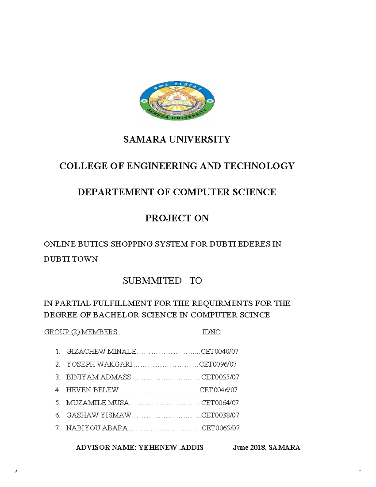 Online Butics Shopping System - SAMARA UNIVERSITY COLLEGE OF ENGINEERING AND TECHNOLOGY ...