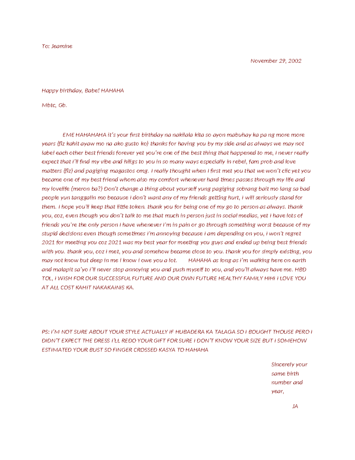 HBD - Reviewer - To: Jeamine November 29, 2002 Happy birthday, Babe ...