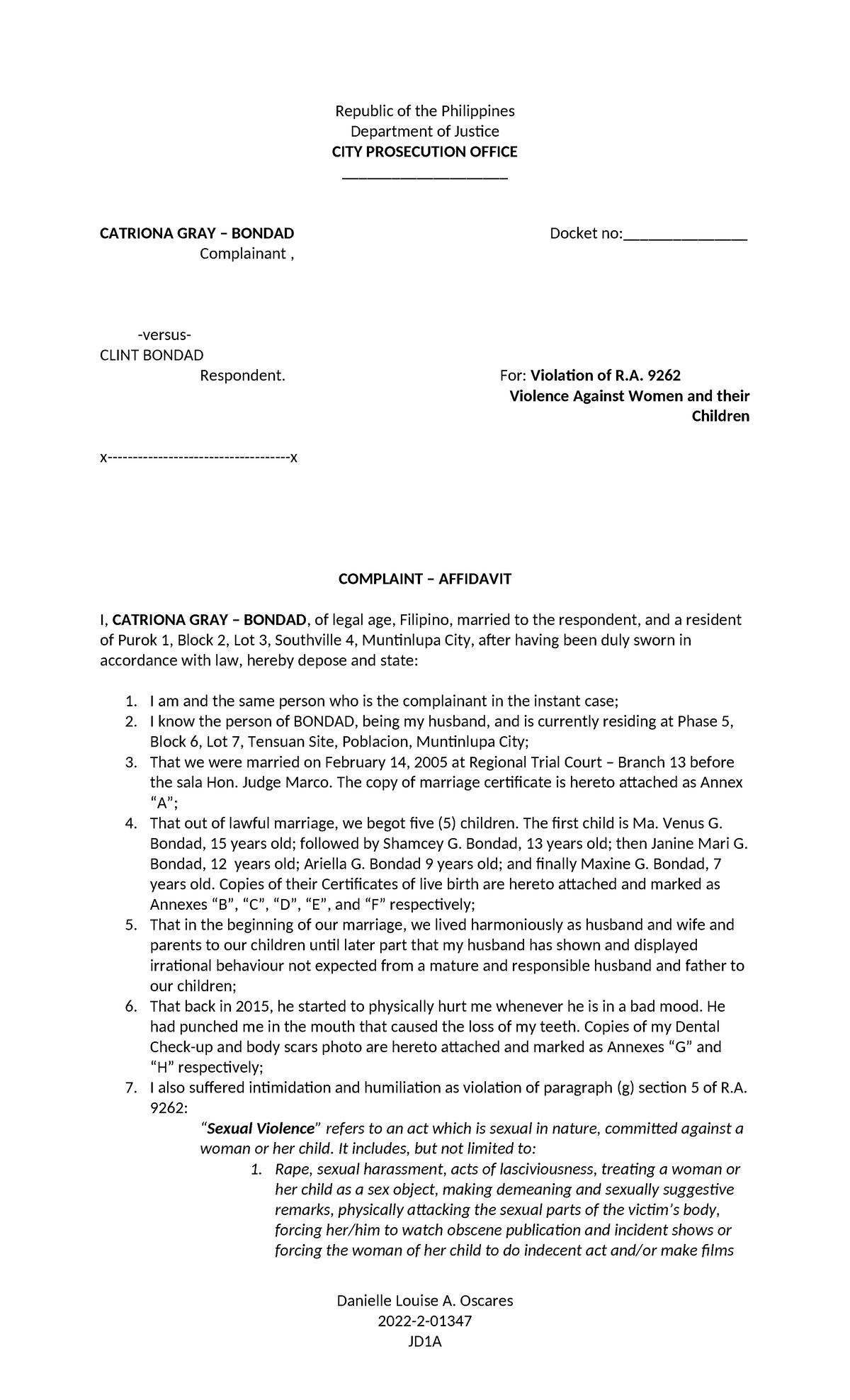 Complaint - Republic of the Philippines Department of Justice CITY ...