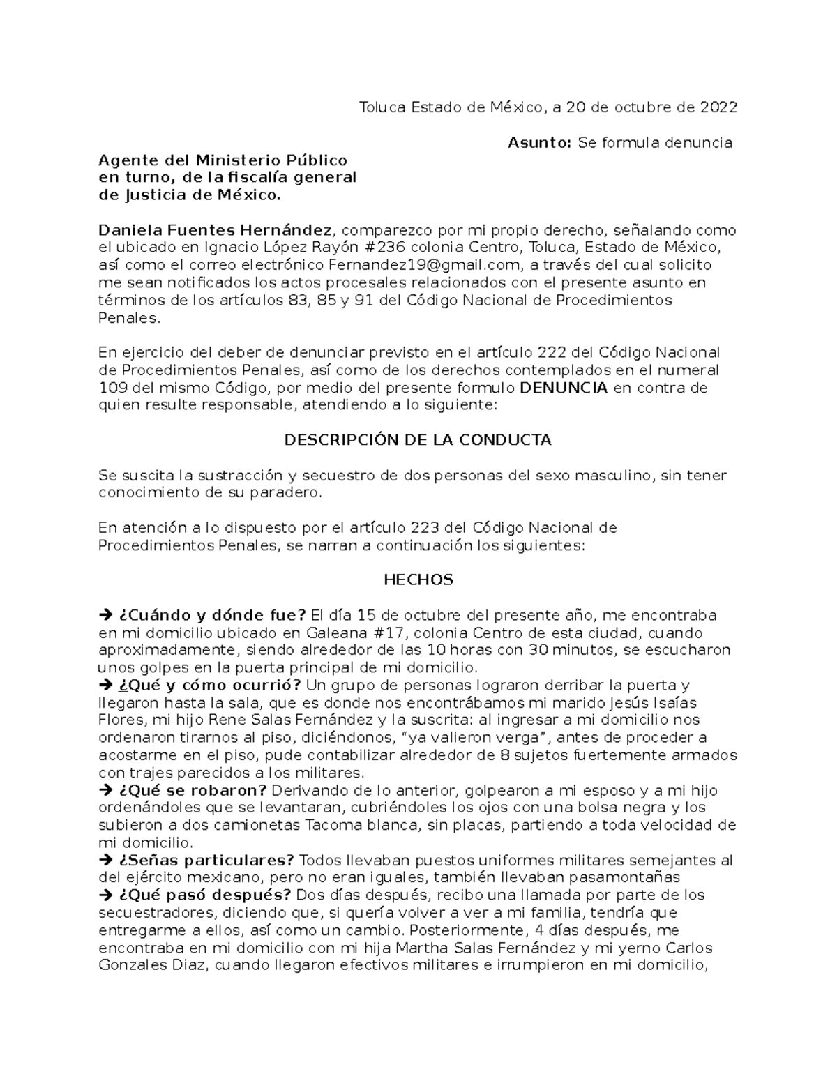 Denuncia ejemplo - Toluca Estado de México, a 20 de octubre de 2022 ...