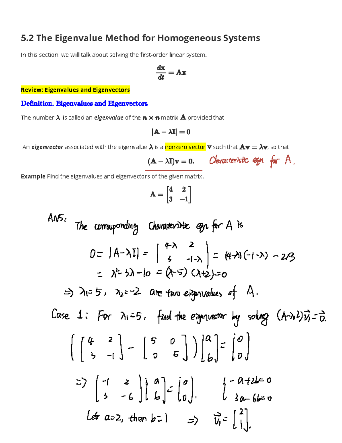 5.2 The Eigenvalue Method for Homogeneous Systems (filled) 2 - 5 The ...