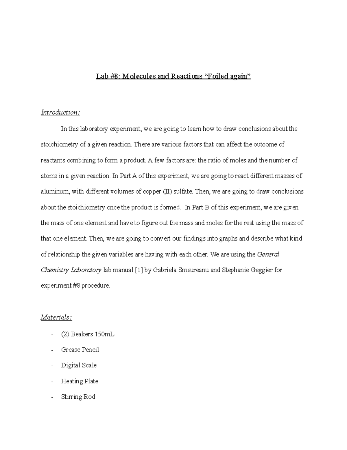 Lab 8 Report Lab 8 Molecules And Reactions “foiled Again” Lab 8 Molecules And Reactions