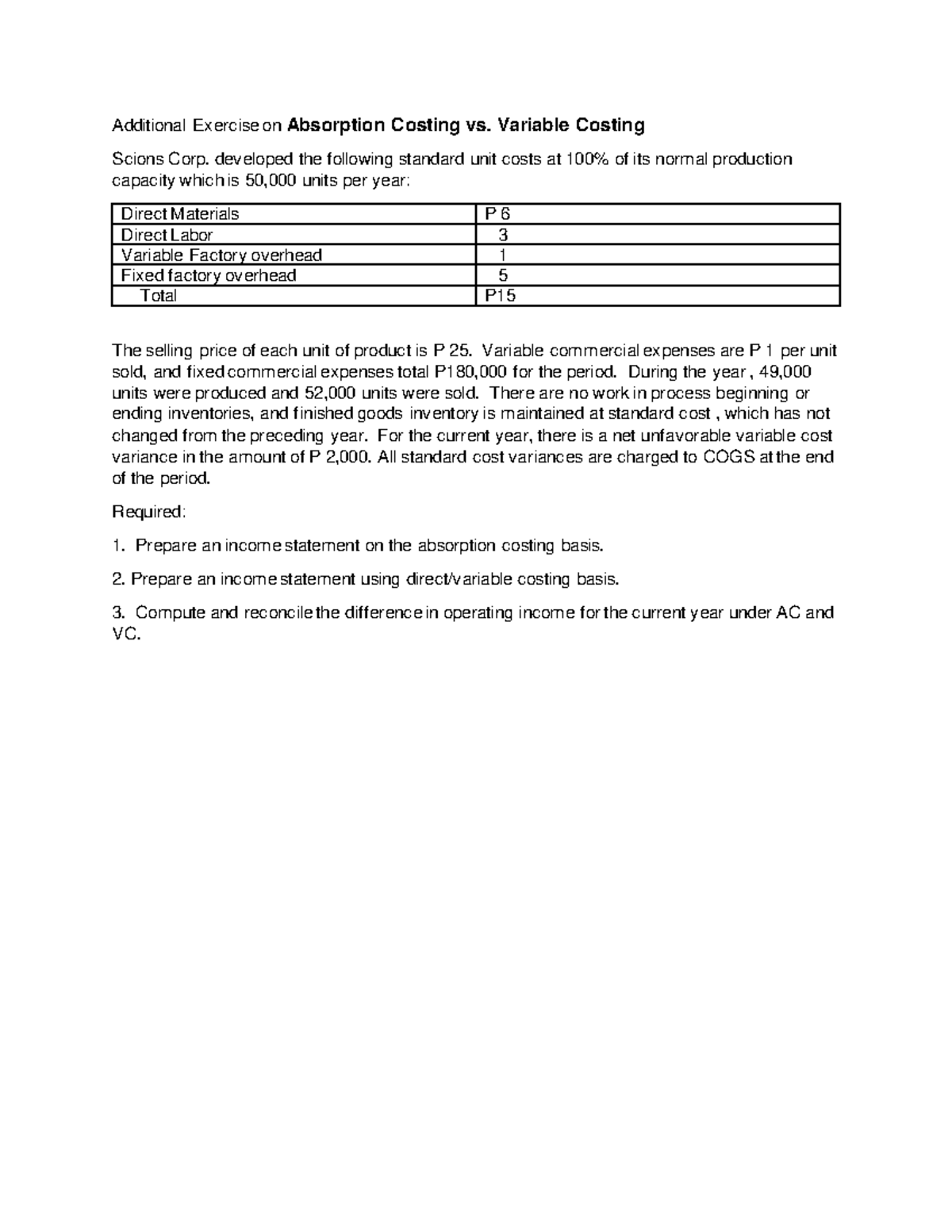 Additional Exercise on AC and VC - Additional Exercise on Absorption Costing vs. Variable ...