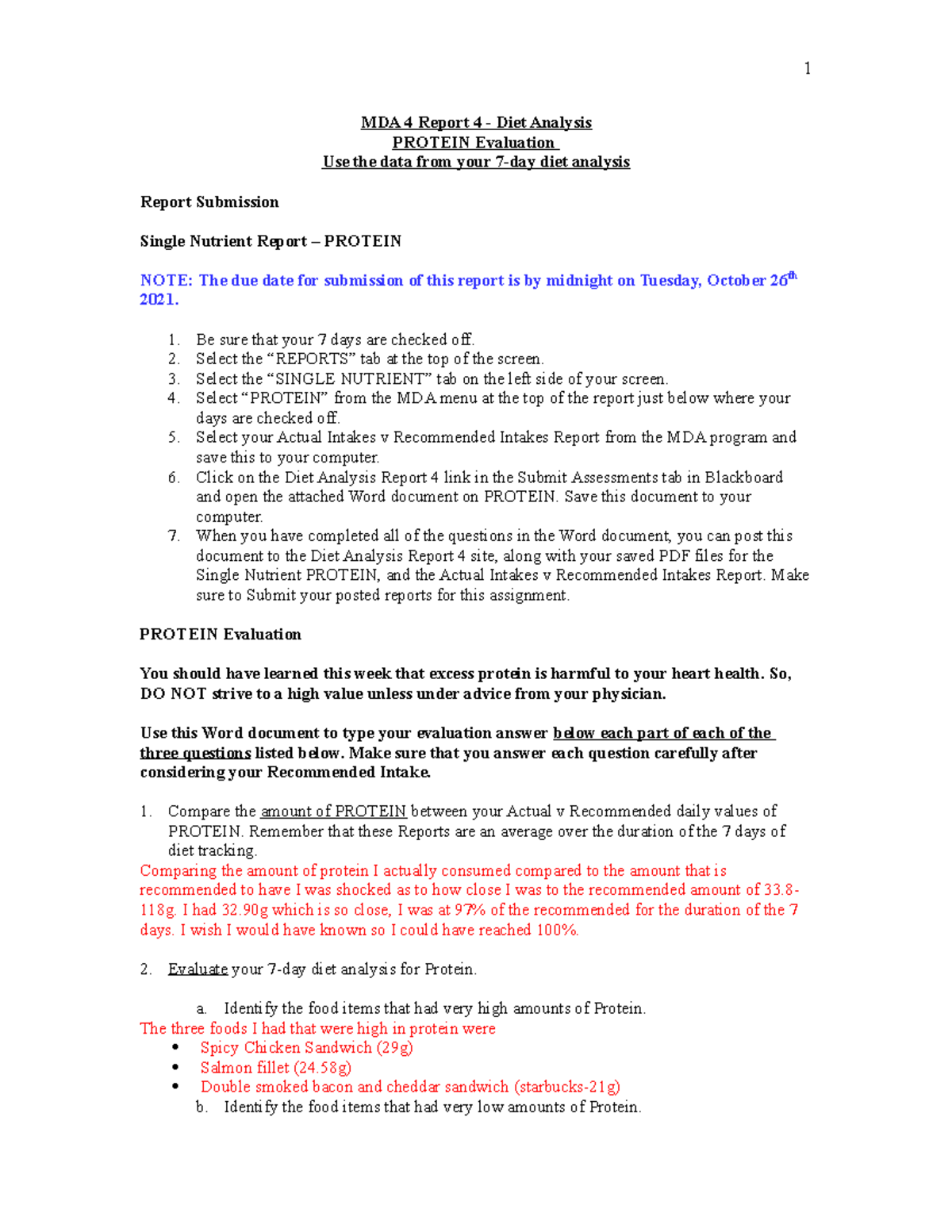 Diet Analysis Report 4 Protein- Qiana Torres - 1 MDA 4 Report 4 - Diet ...