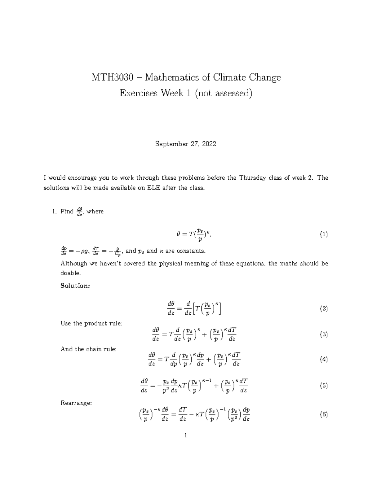 Exercises week1 2022 solutions - MTH3030 – Mathematics of Climate ...