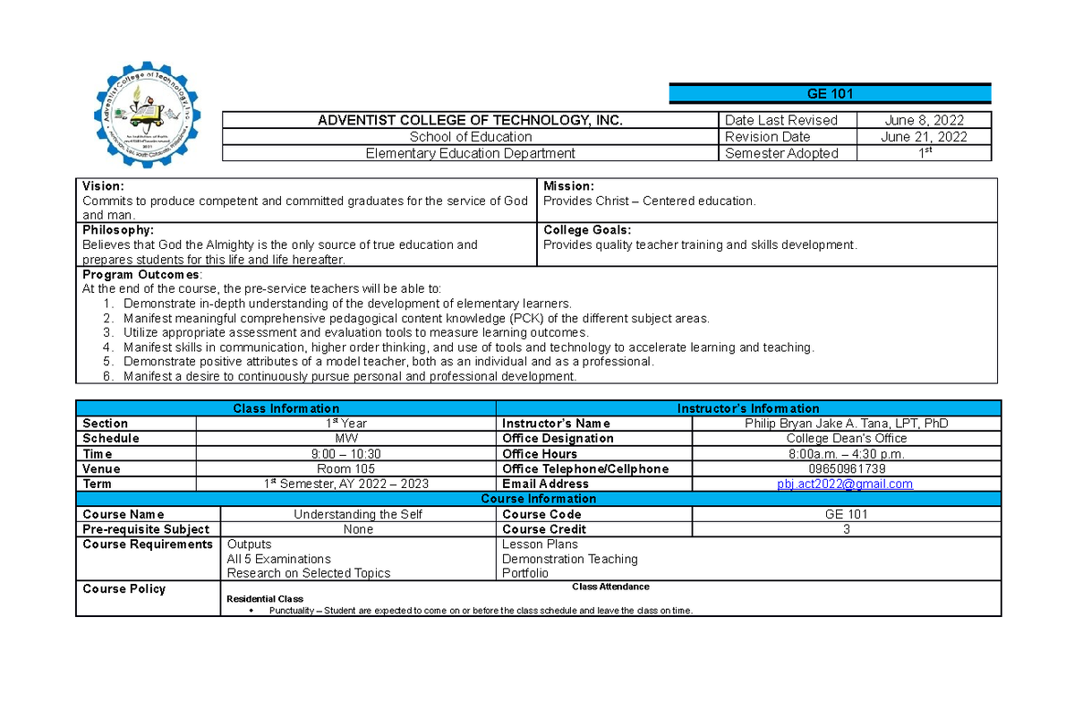 GE 101 - Understanding the Self - GE 101 ADVENTIST COLLEGE OF ...