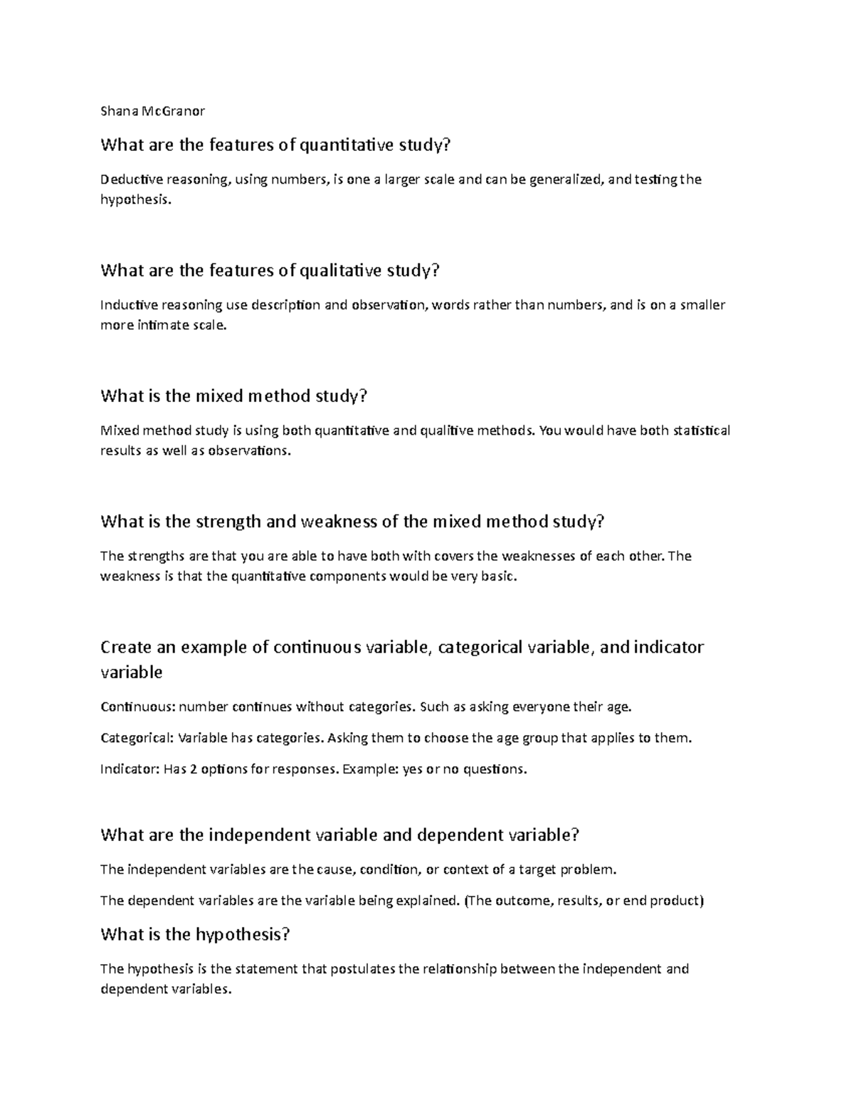 Wednesday questions - Research Methods Notes - Shana McGranor What are ...