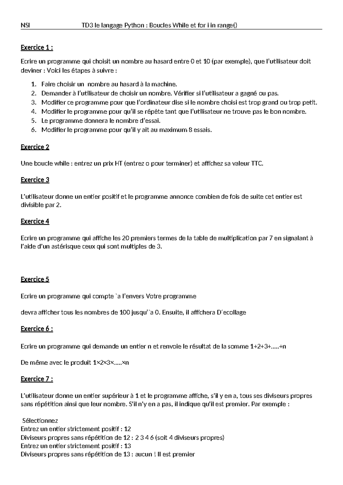 TD3 le langage Python les boucles - Faire choisir un nombre au hasard à ...