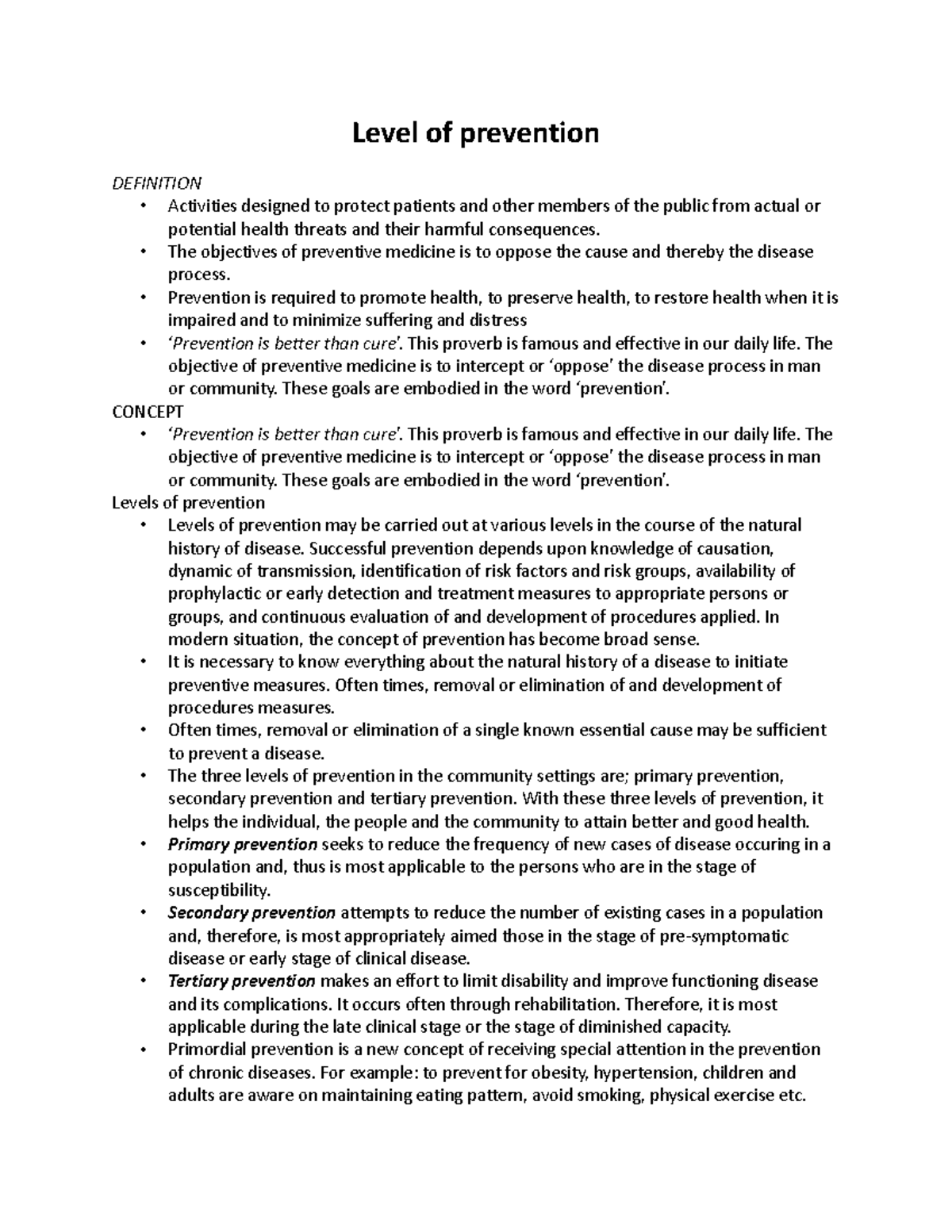 Level of prevention - csit - Level of prevention DEFINITION Activities ...