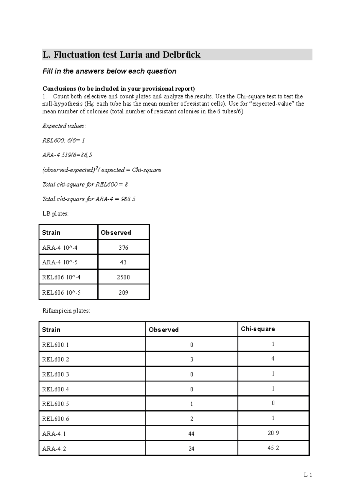 Exp L report - L. Fluctuation test Luria and Delbrück Fill in the ...