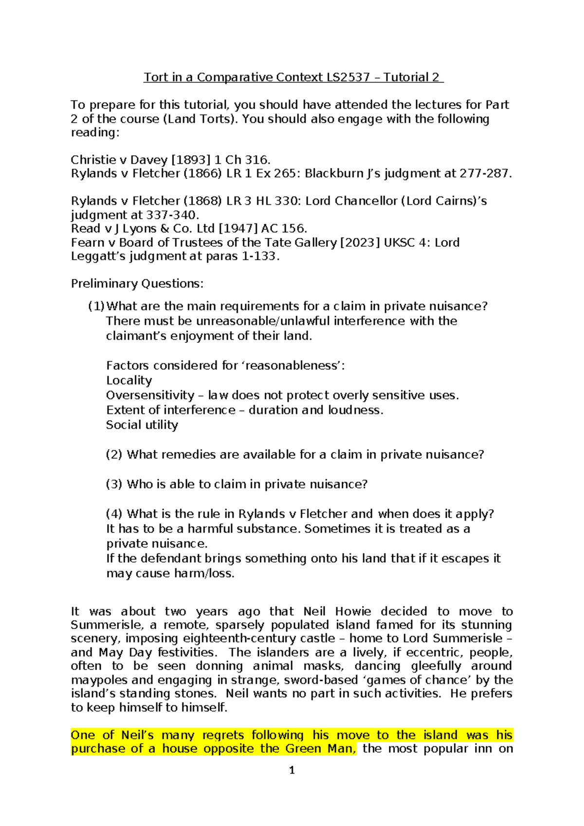 LS2537 Tutorial 2 - Tort in a Comparative Context LS2537 – Tutorial 2 To prepare for this ...