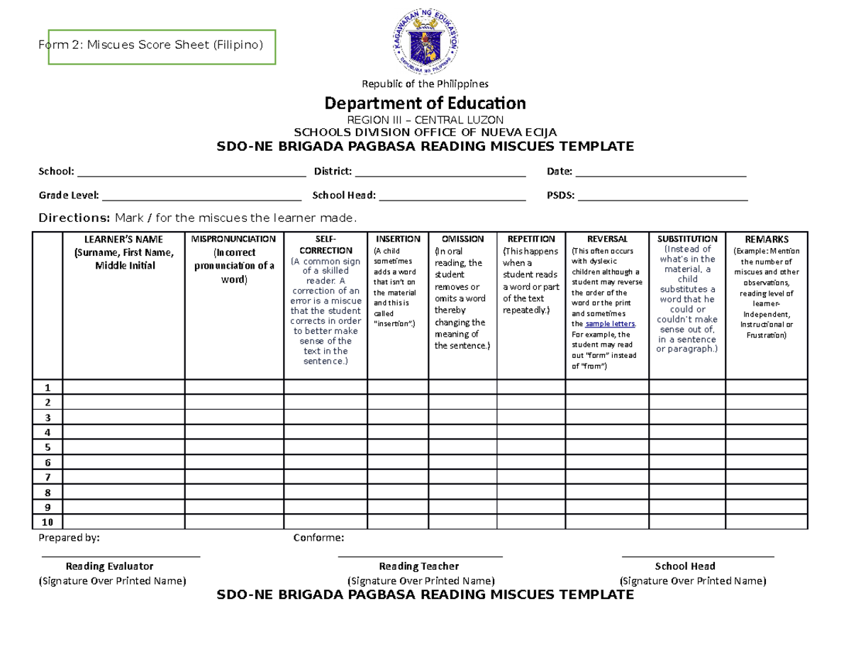 FORM 2 Miscues In Reading Scoring Template Form 2 Miscues Score