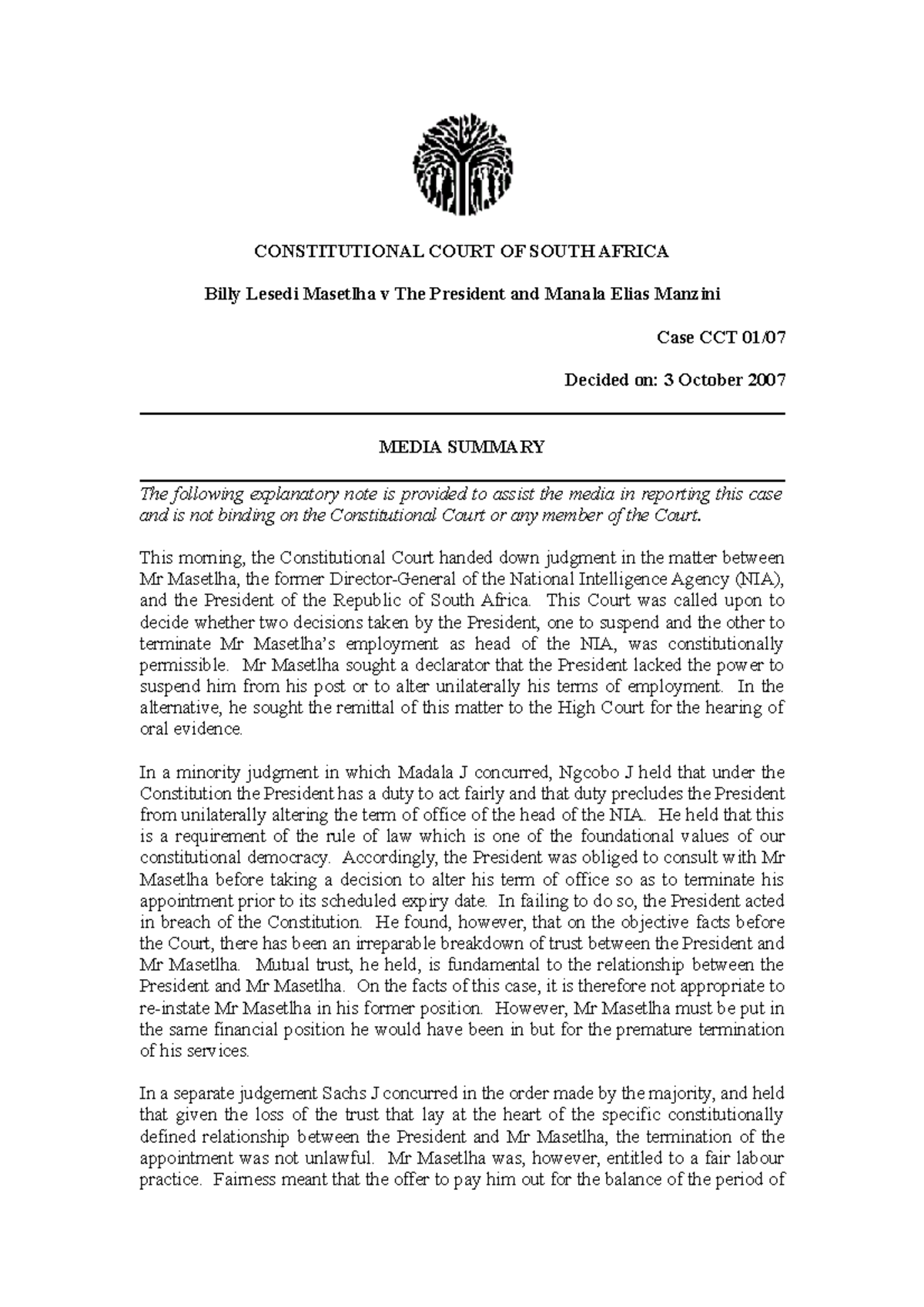 Summary Masetlha v President of the Republic of South Africa and ...