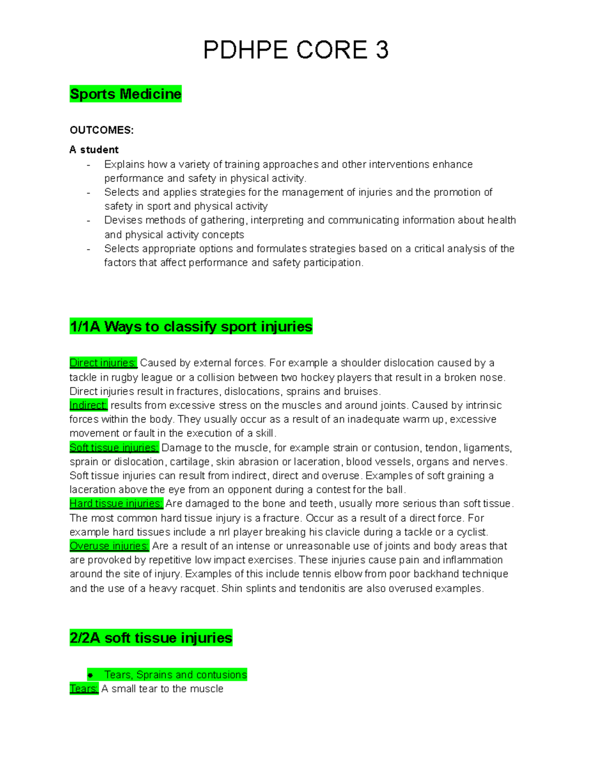 Pdhpe Study Notes CORE 3 - Sports Medicine OUTCOMES: A student Explains ...