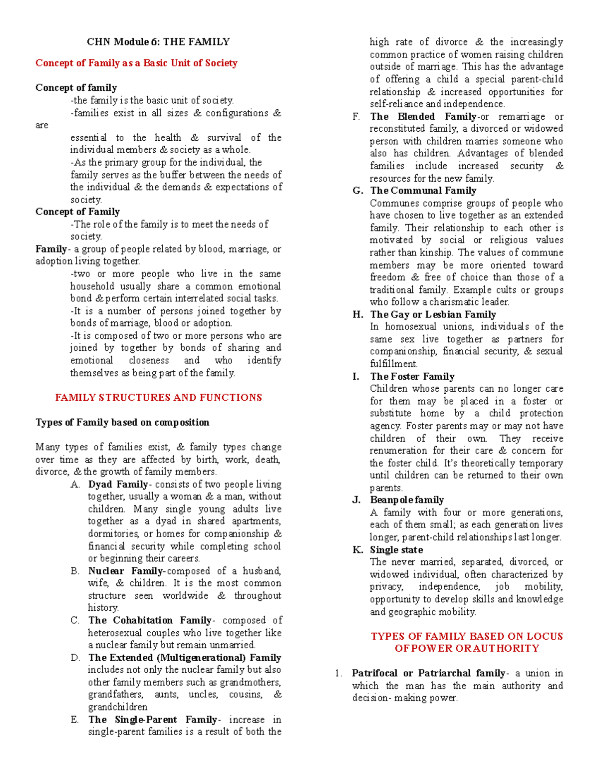 Community health nursing 1, module 6 and 7 - CHN Module 6: THE FAMILY ...