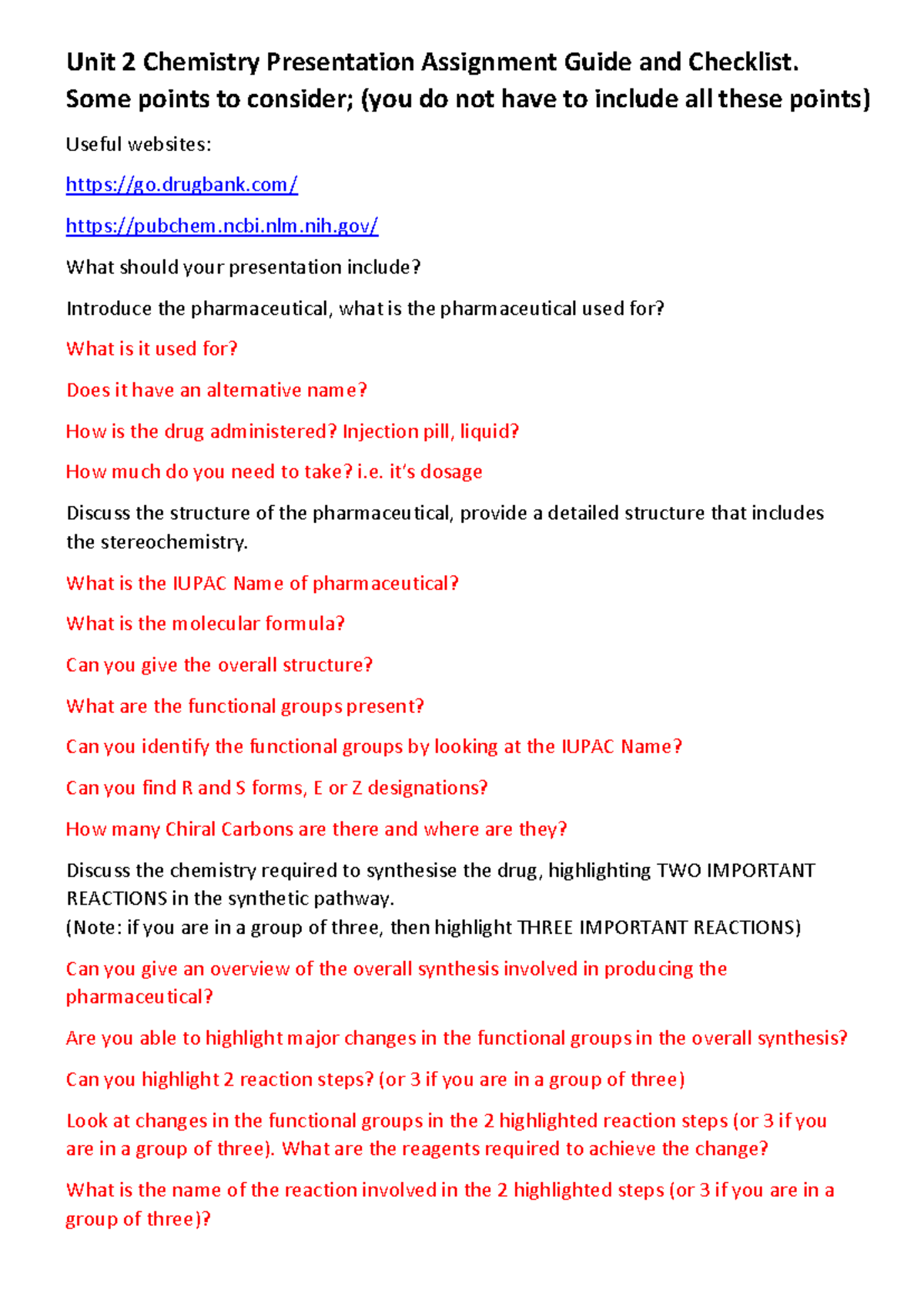 Unit 2 Chemistry Presentation Assignment Guide and Checklist (Sem 1 ...
