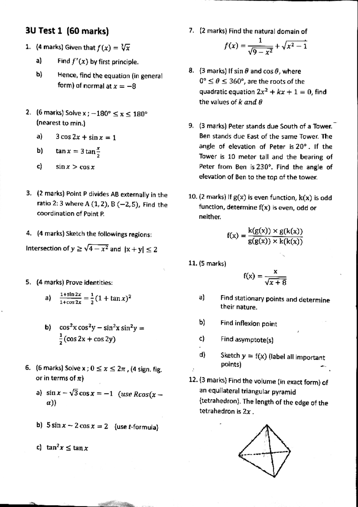 3U Test 1 - 3u test - 3U Test 1 marks) 7. (2 marks) Find the natural ...