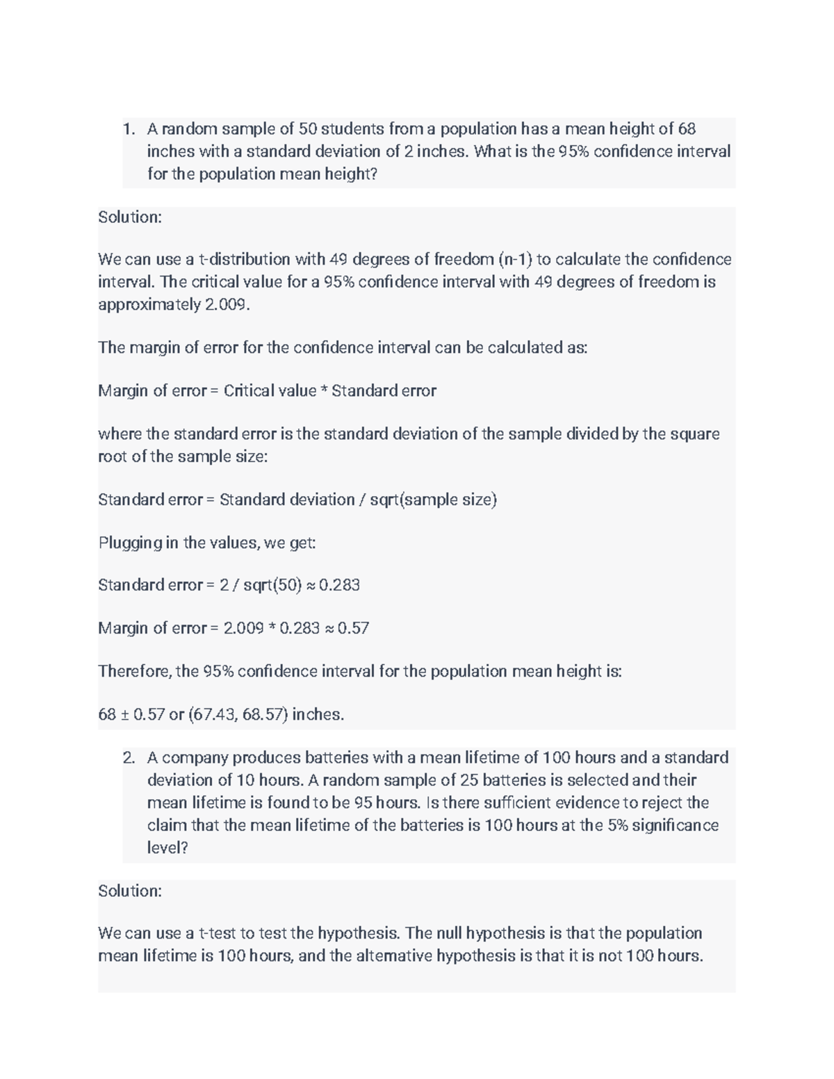 Statistics Sample Problems - A random sample of 50 students from a ...