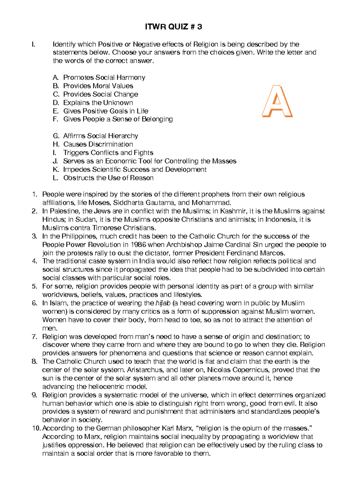 ITWR Quiz #3 - Quiz - ITWR QUIZ # 3 I. Identify which Positive or Negative effects of Religion ...