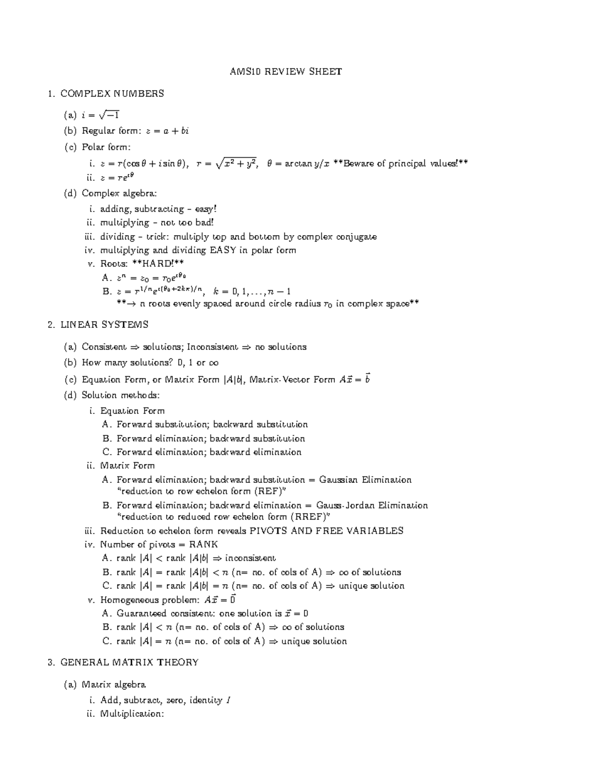 Review sheet - Summary Mathematical Methods For Engineers I - AMS10 ...