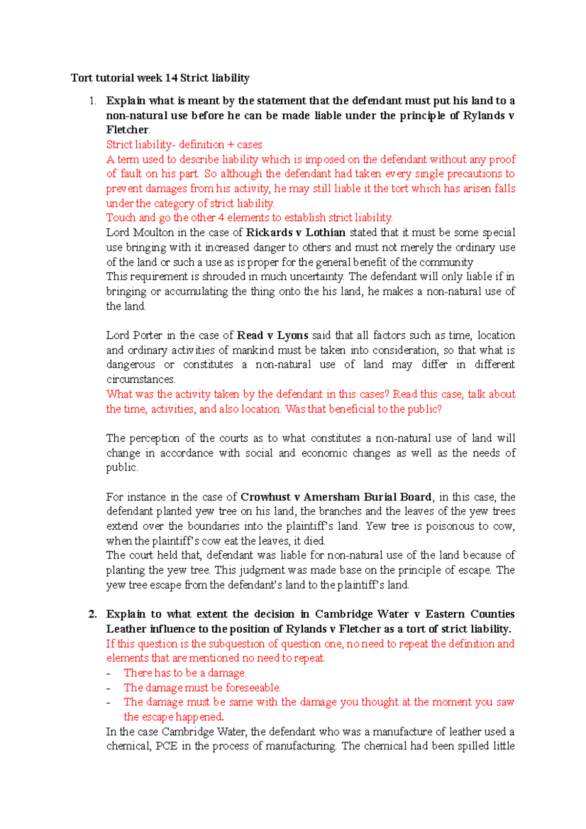 Tort tutorial week 14 Strict liability - Tort tutorial week 14 Strict ...