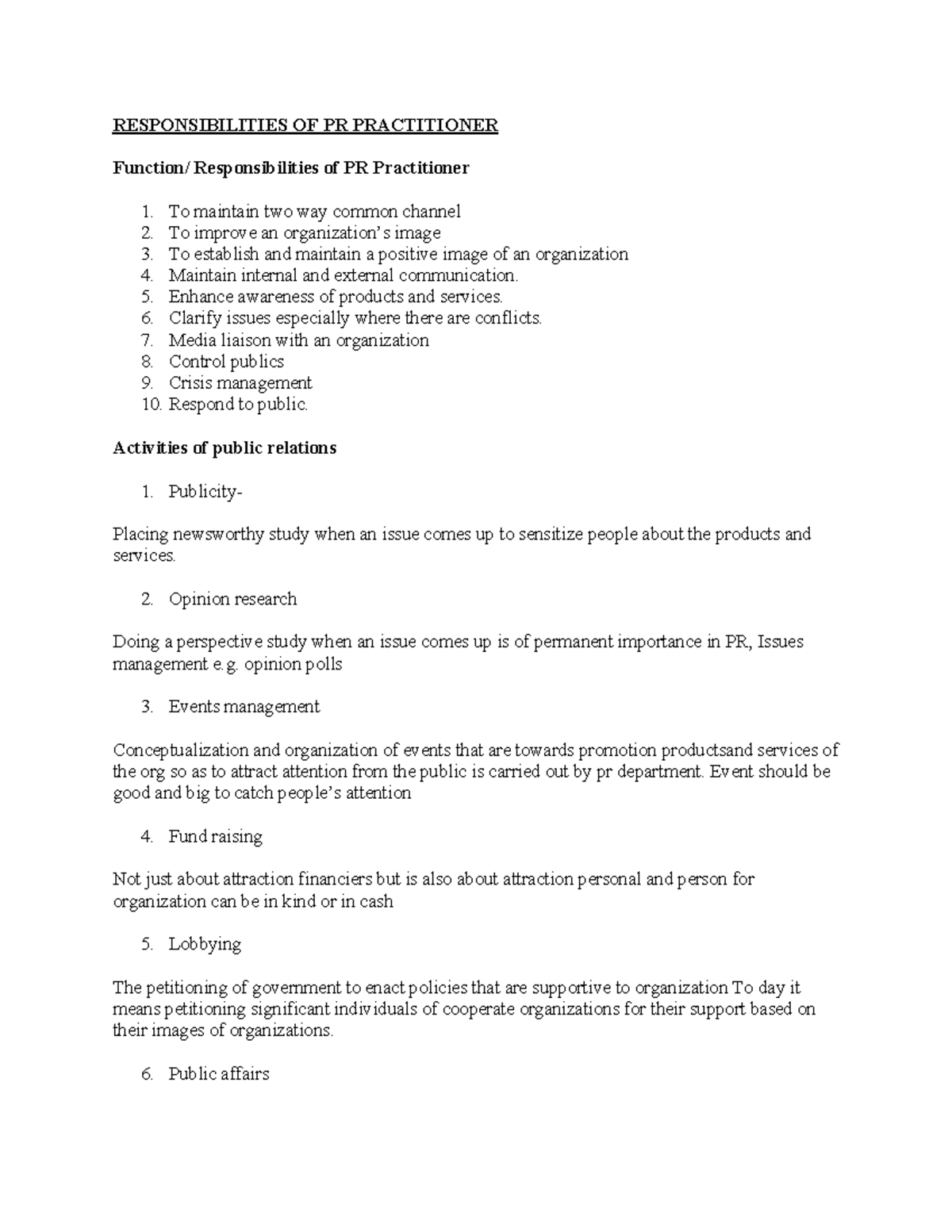 Responsibilities OF PR Practitioner - RESPONSIBILITIES OF PR ...