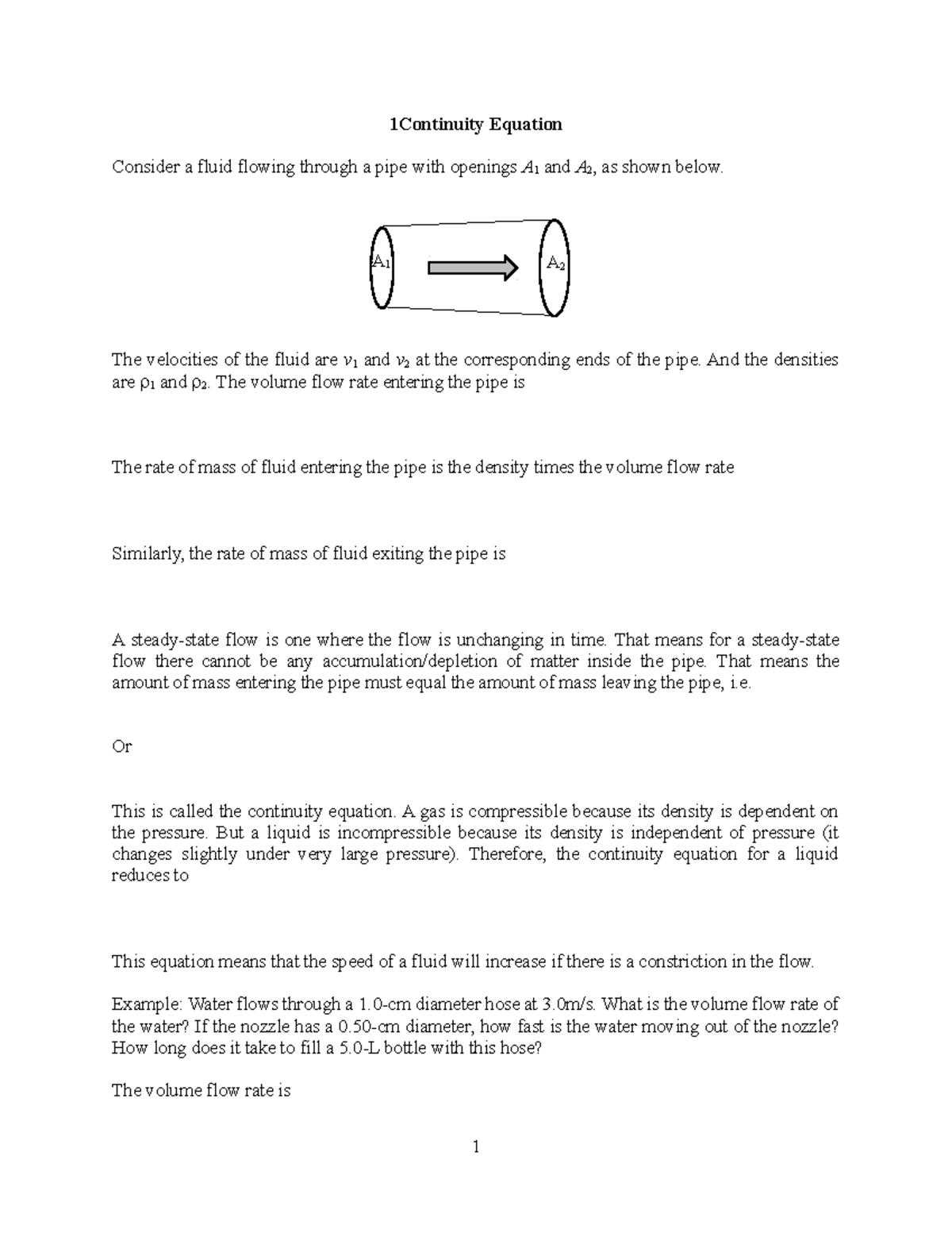 Bernoullis equation question - 1Continuity Equation Consider a fluid ...