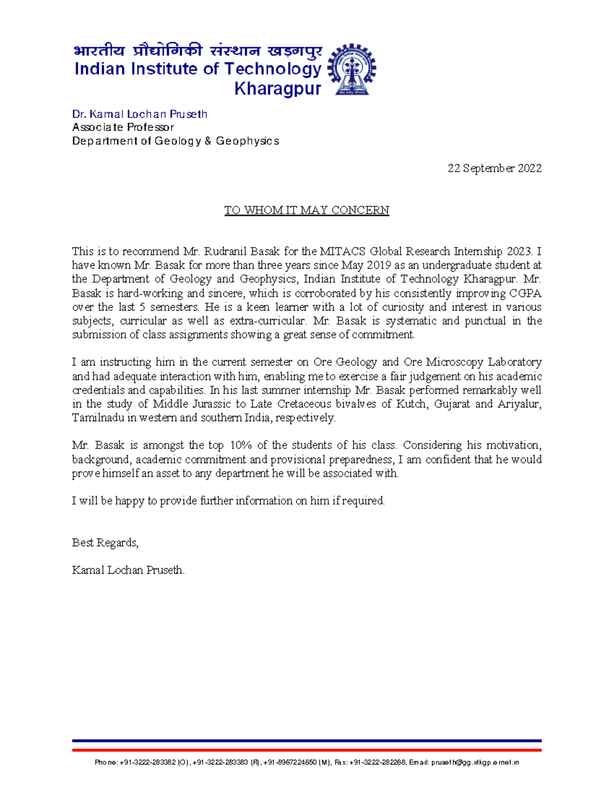 Rudranil - Recommendation letter for MITACS. - Dr. Ka m a l Lo c ha n ...