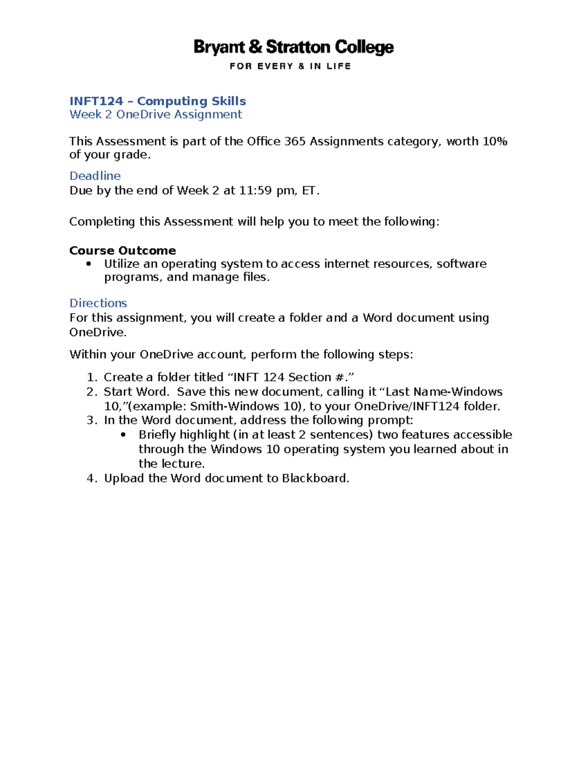 INFT124 - Week 2 One Drive Assignment - INFT124 – Computing Skills Week ...