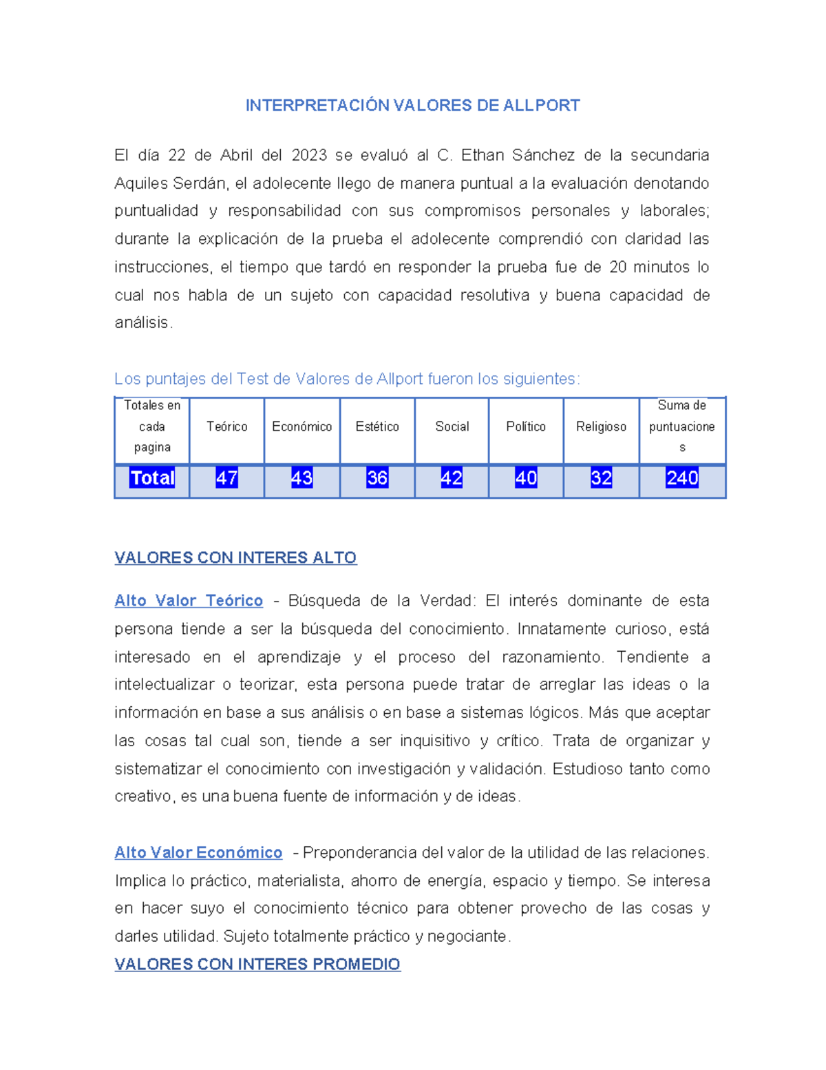 Interpretación Valores DE Allport - INTERPRETACIÓN VALORES DE ALLPORT ...