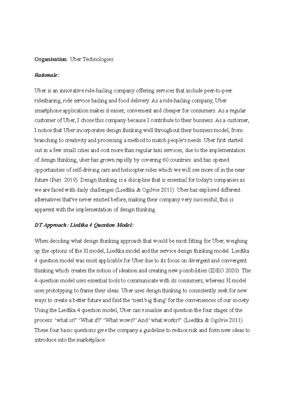 Design Thinking Proposal - Organisation: Uber Technologies Rationale ...