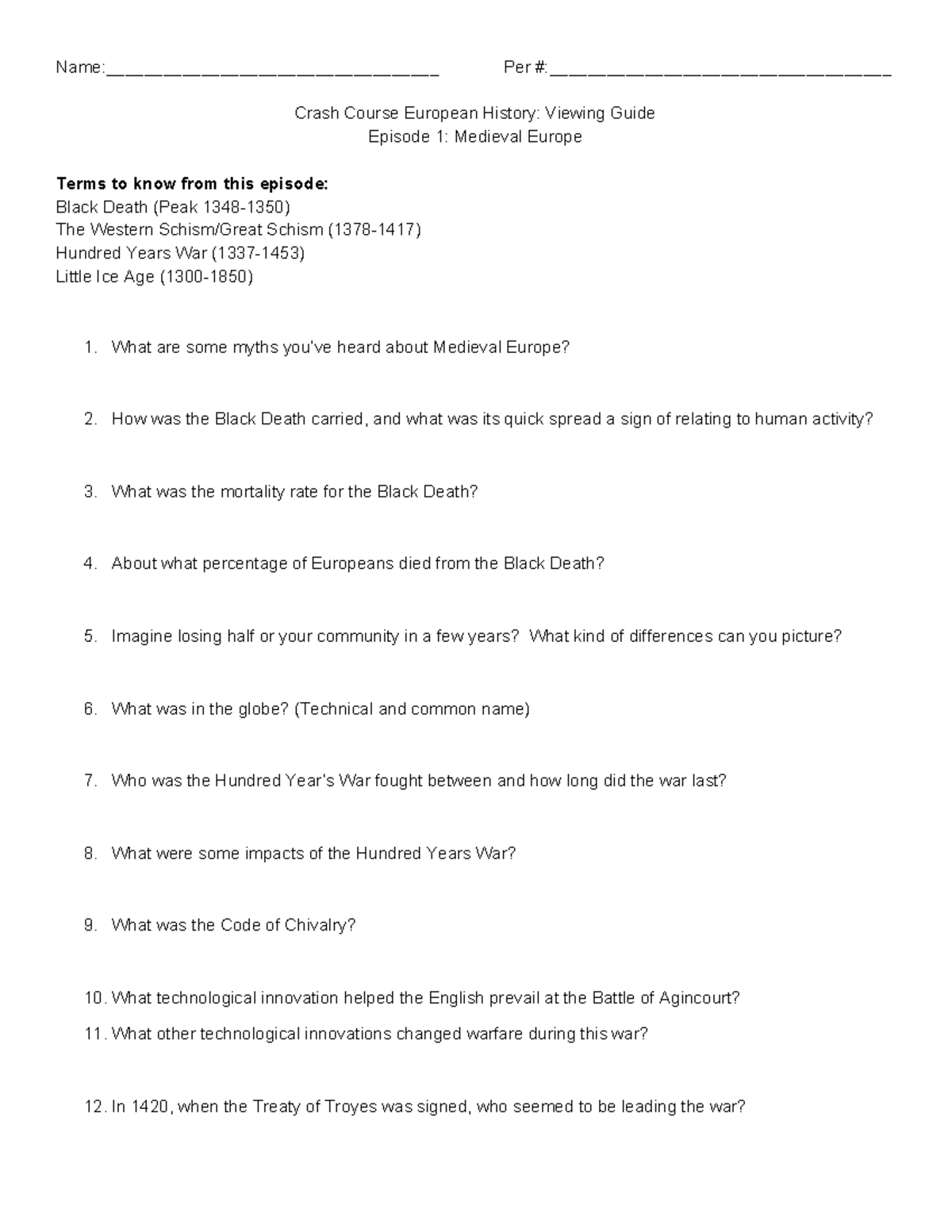 CC Euro #1 Medieval Viewing Guide - Name ...