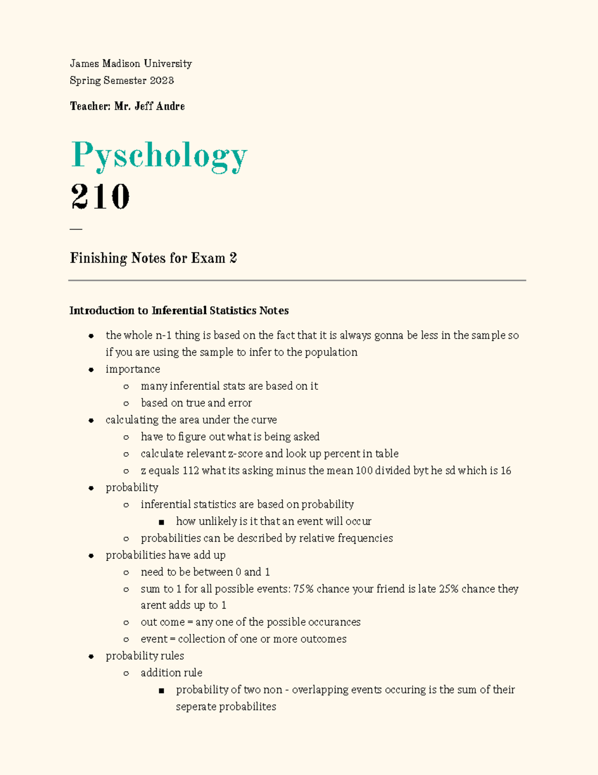 Finishing Notes for Exam 2 - James Madison University Spring Semester ...