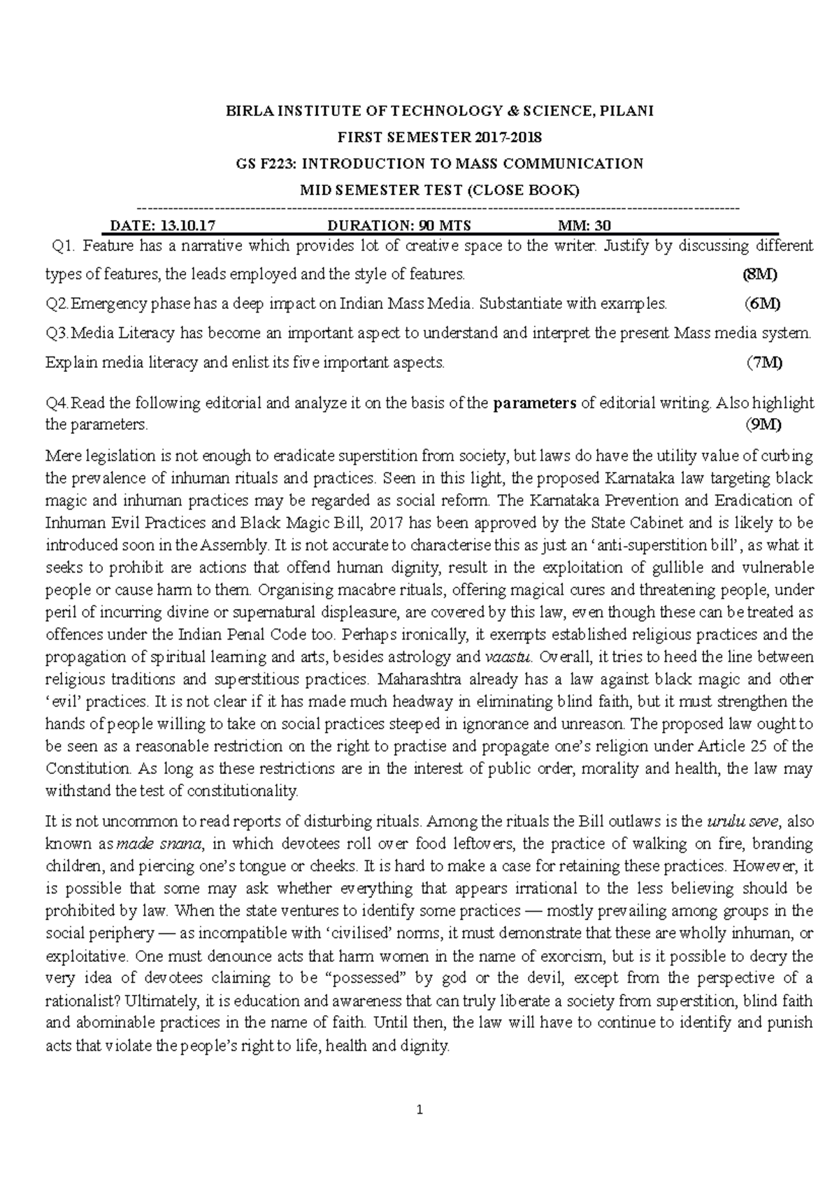 Introduction to Mass Communication (GS F223) 2017 - 18 Mid Semester ...