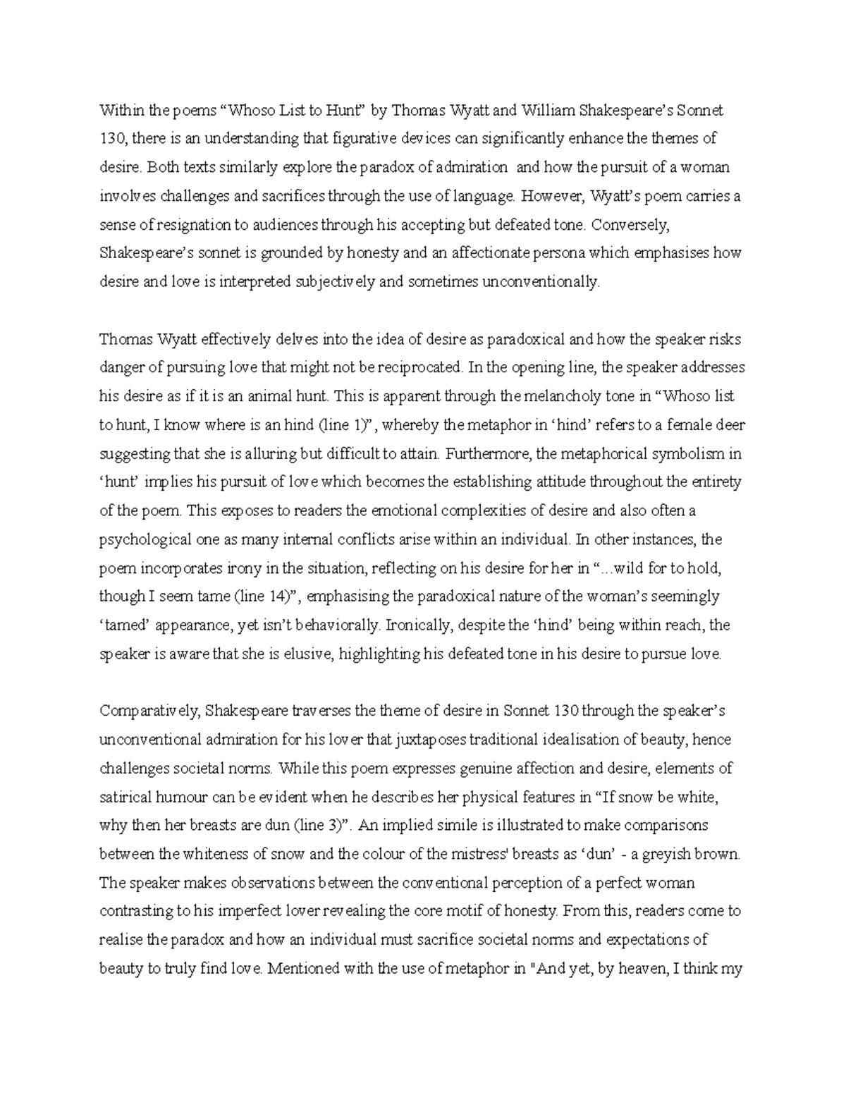 Literature - Textual Analysis Task - Within the poems “Whoso List to ...