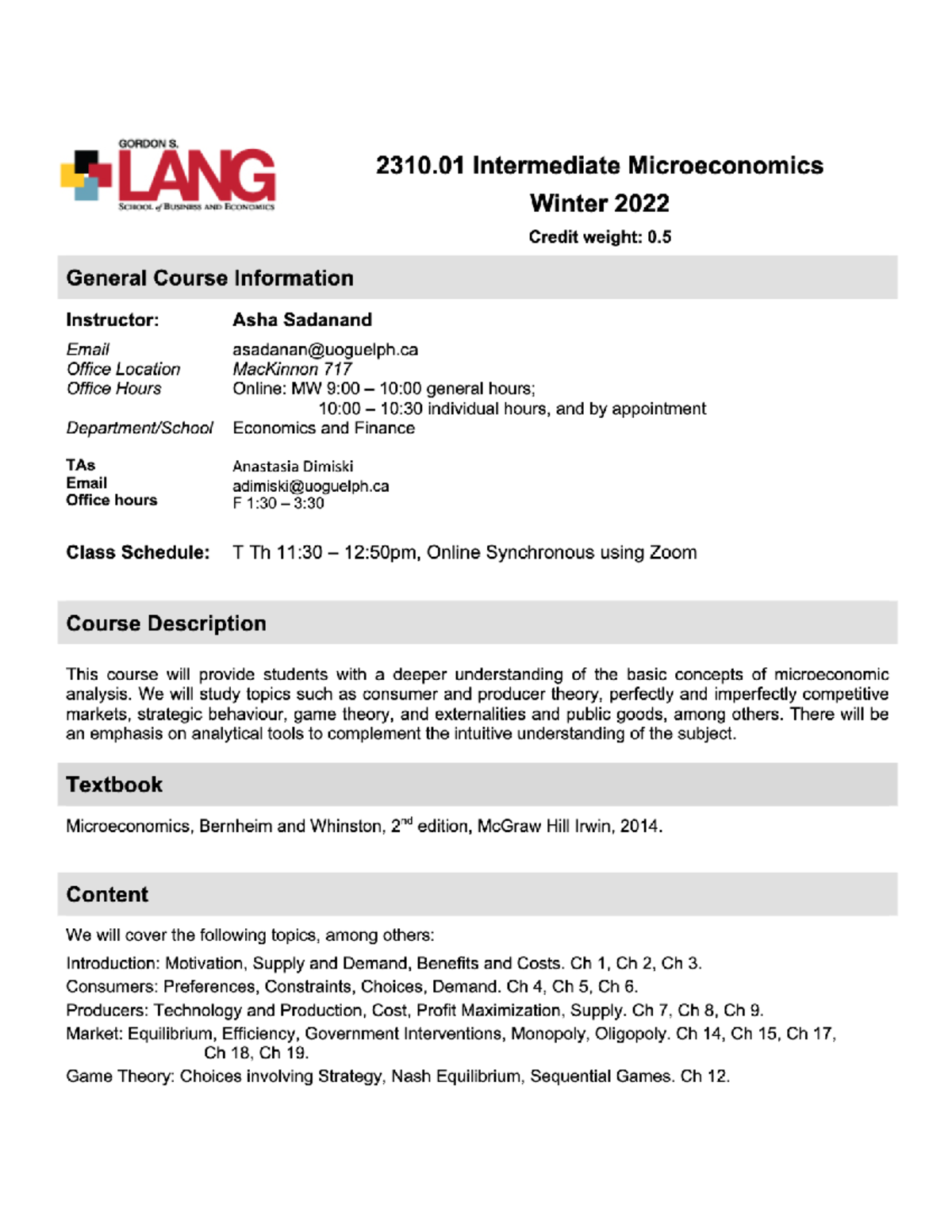 Course Outline - ECON 2310 (01) W22 - Intermediate Microeconomics - Econ2310 - Studocu