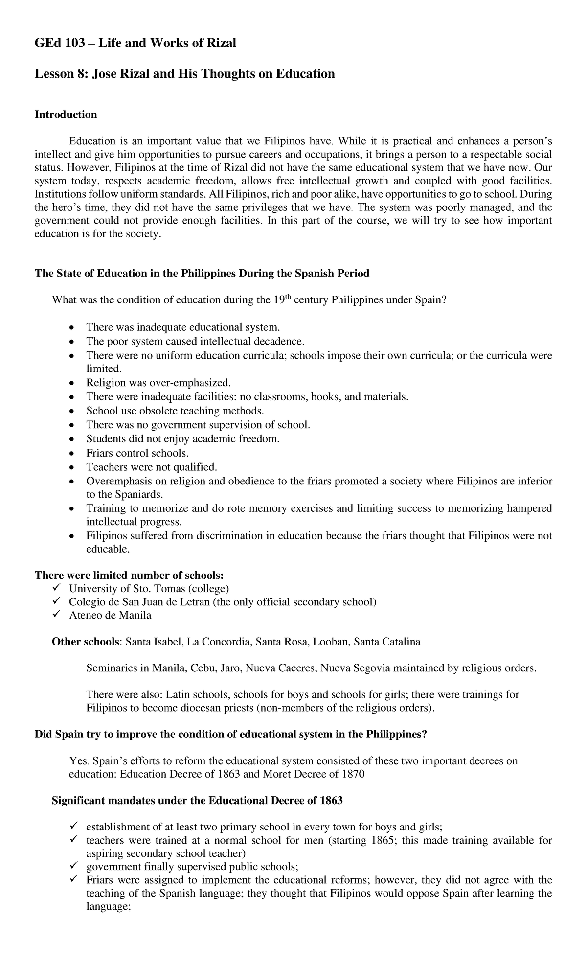 Lesson 8 - Jose Rizal and His Thoughts on Education - GEd 103 – Life ...